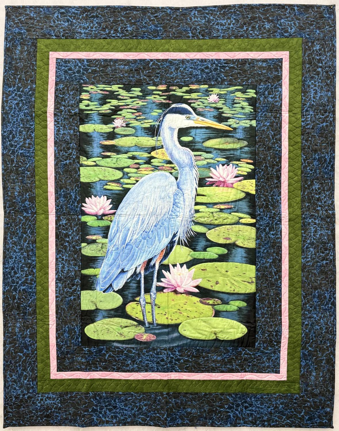 Heron Among Pond - SAMPLE - FINISHED - Quilted & Bound - 50.5" x 64"